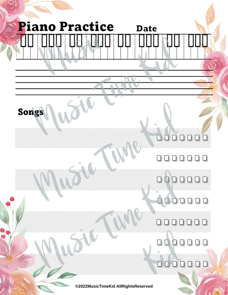 Piano Practice Printable With Beautiful Flowers for Teen Girls That ...