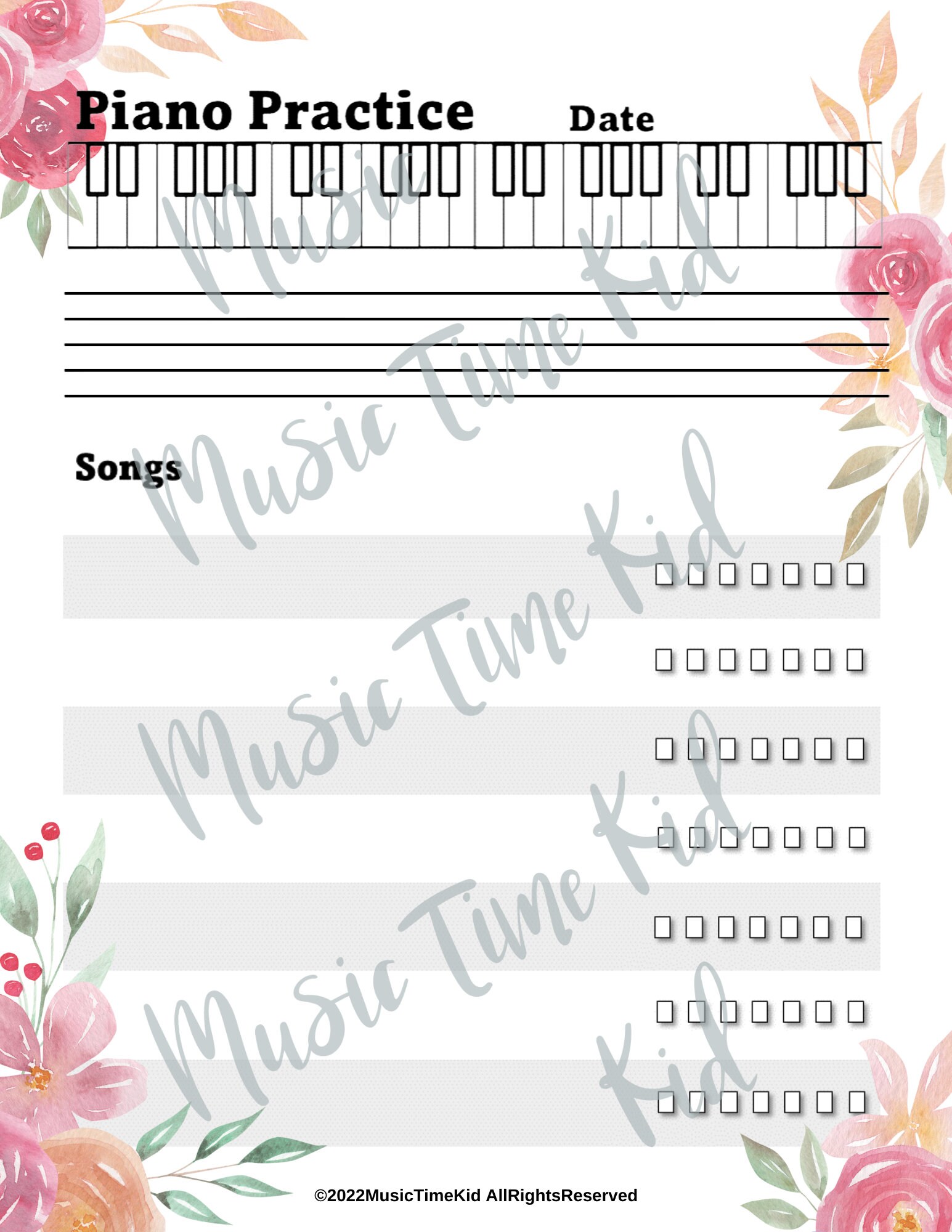 Piano Practice Printable With Beautiful Flowers for Teen Girls That ...