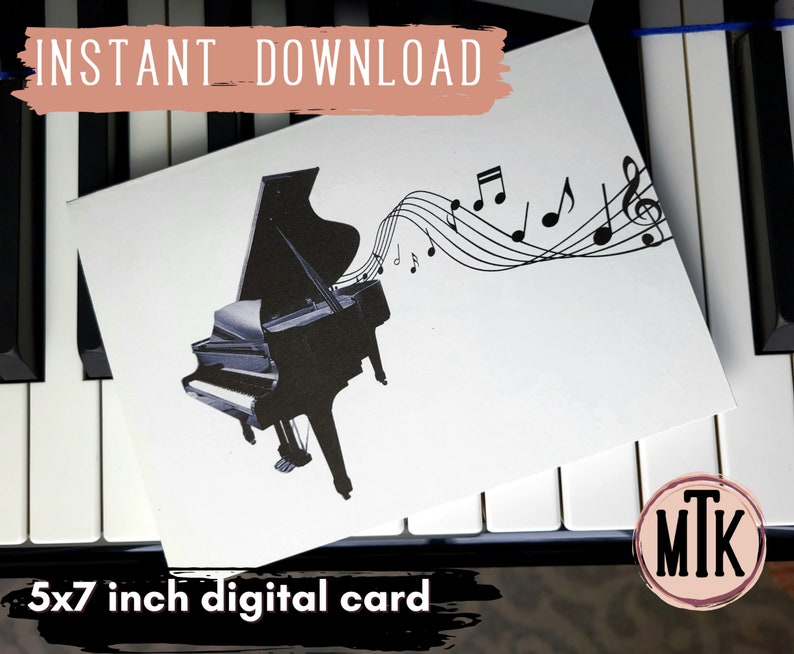 Printable Minimalist Baby Grand Piano Note Card, Black & White All ...