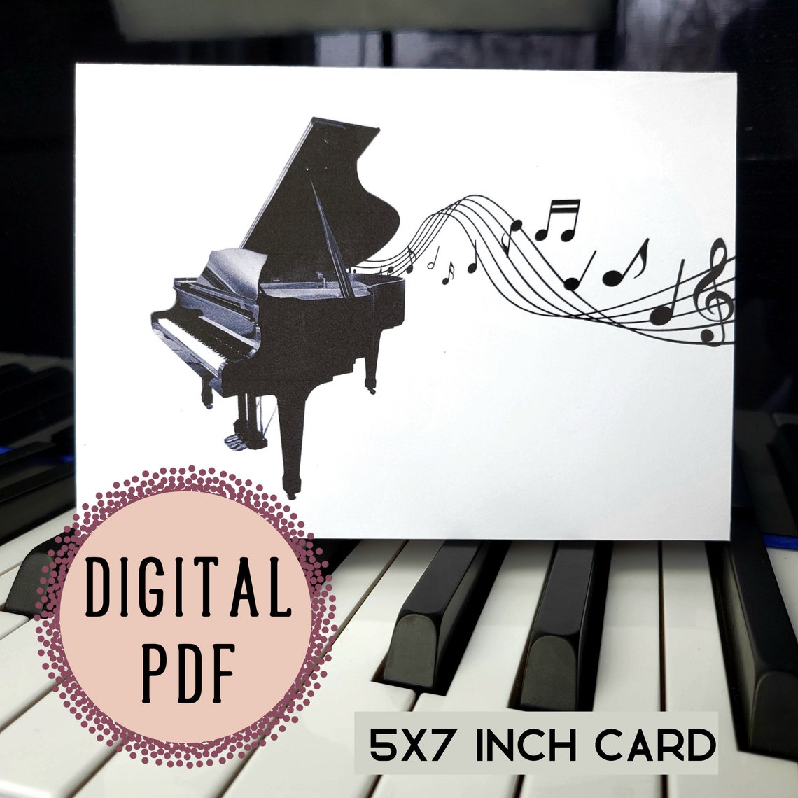Printable Minimalist Baby Grand Piano Note Card, Black & White All ...