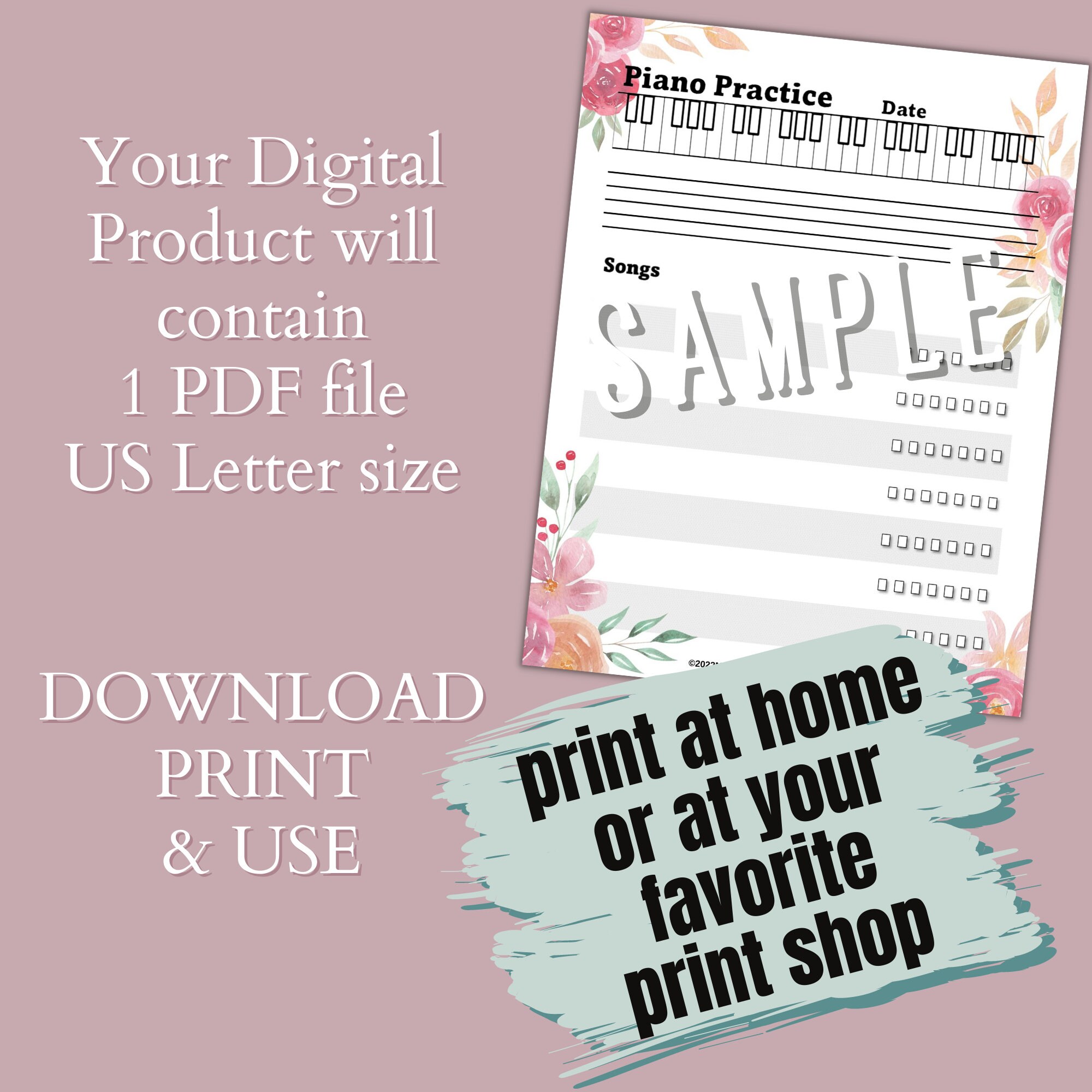 Piano Practice Printable With Beautiful Flowers for Teen Girls That ...
