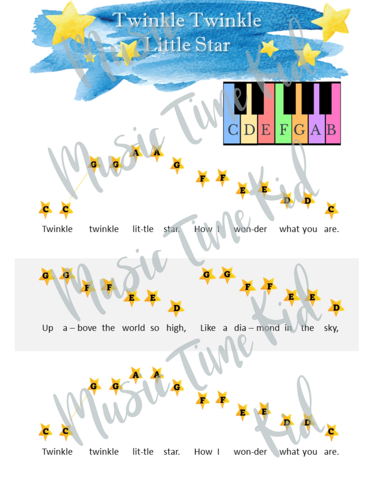 Twinkle Twinkle Little Star Piano Printable Sheet Music With Alphabet ...