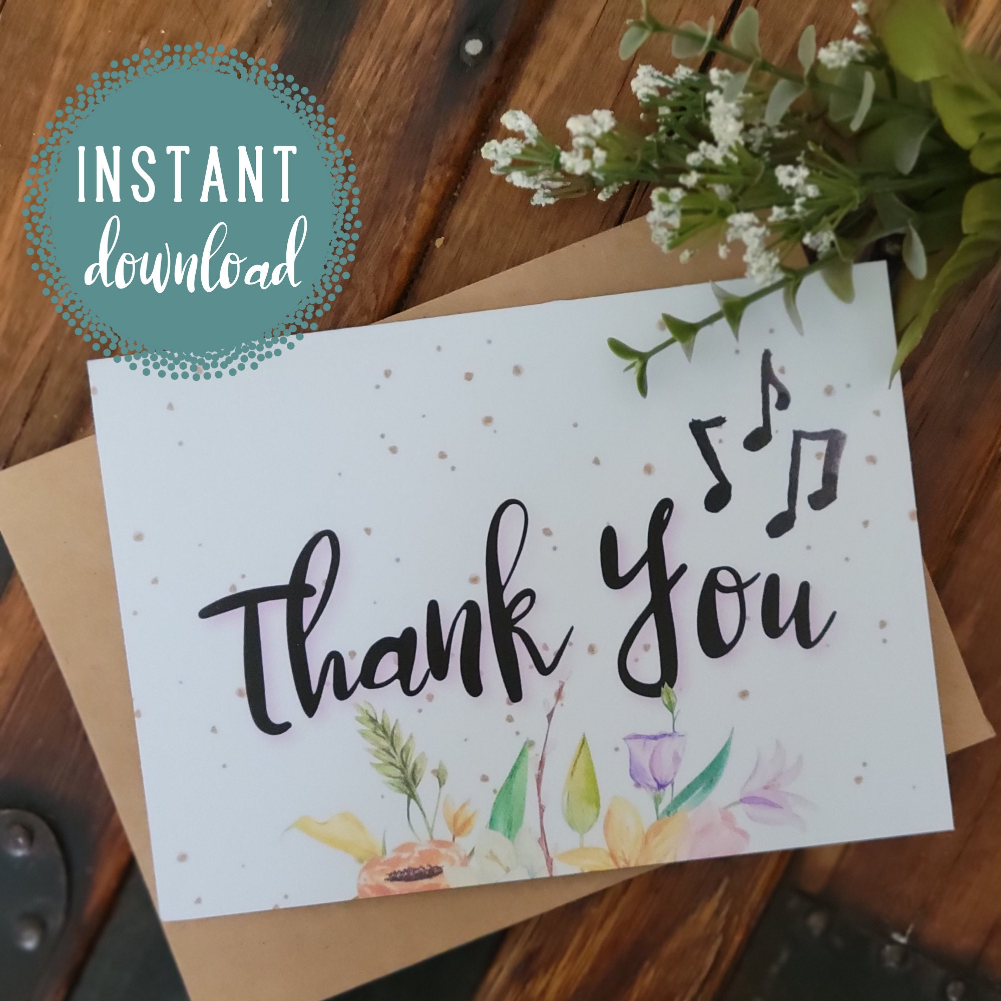 Printable Spring Floral Thank You Card With Tiny Music Notes | Digital ...