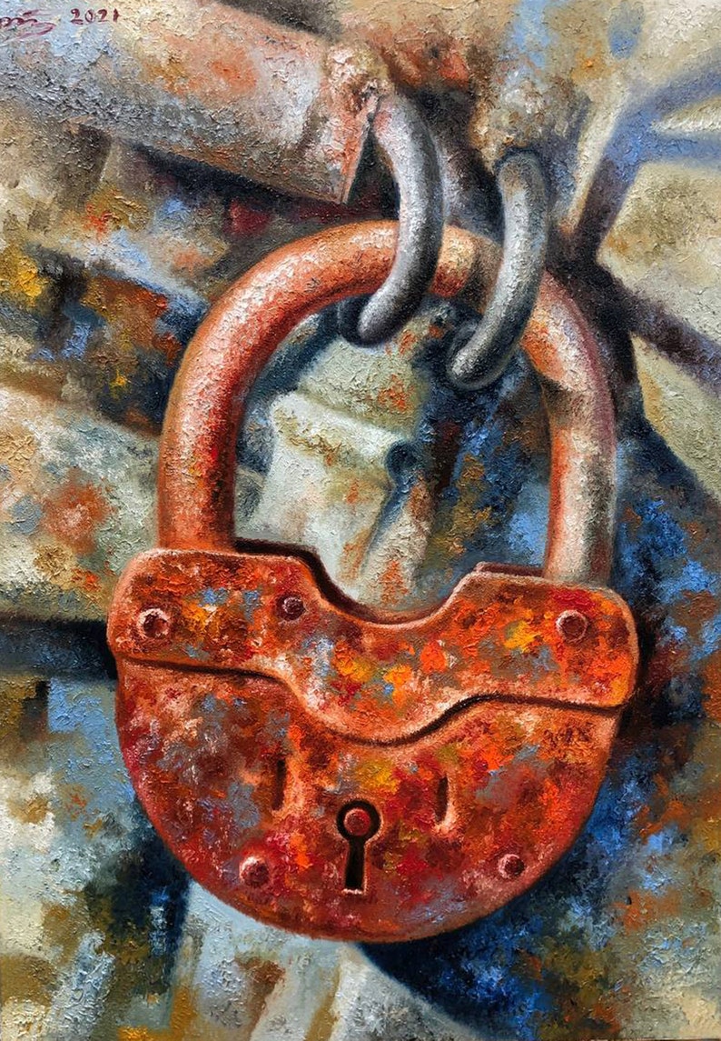 Old Lock, Original Oil Painting, Original Canvas Art, Surrealist ...