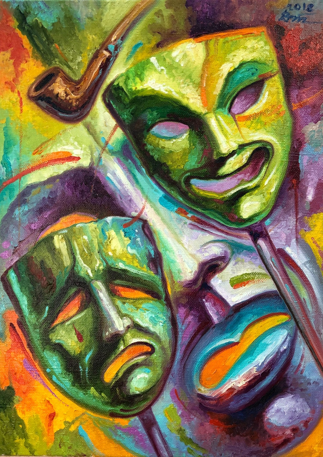 Theater Masks, Original Oil Painting, Original Canvas Art, Surrealist ...