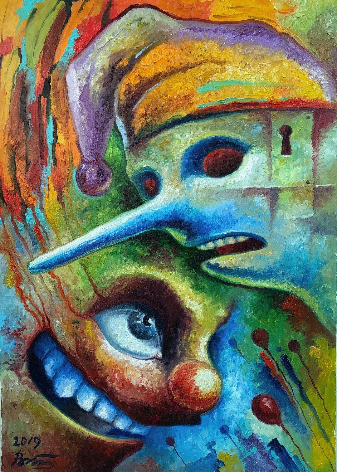 Original Surrealist Oil Painting, Pinocchio and Clown Canvas Art (27 ...