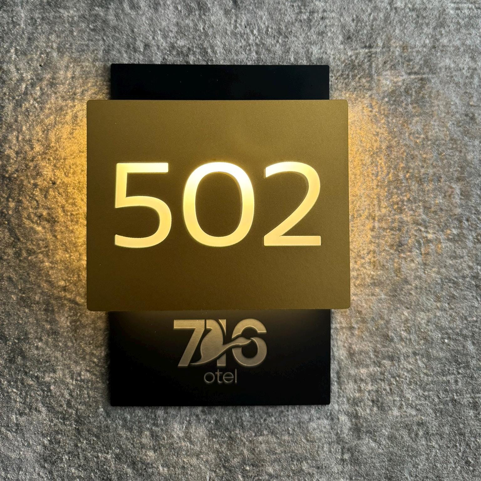Illuminated LED Custom Gold Logo Engraved Door Number Sign, Hotel Sign ...