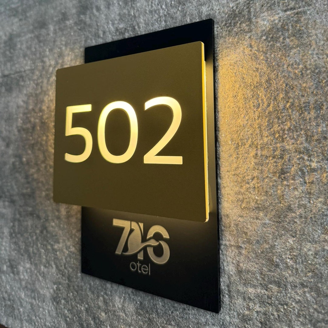 Illuminated LED Custom Gold Logo Engraved Door Number Sign, Hotel Sign ...