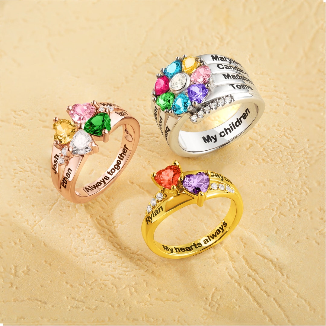 Engraved 1-8 Names and Birthstones Ring, Custom Birthstone Ring With ...