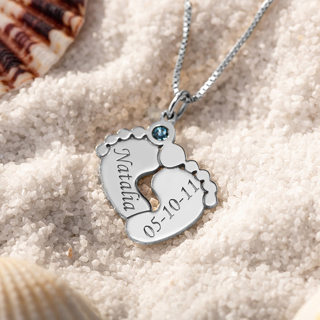 Silver Engraved Baby Feet Necklace With Personalized Birthstone Feet ...