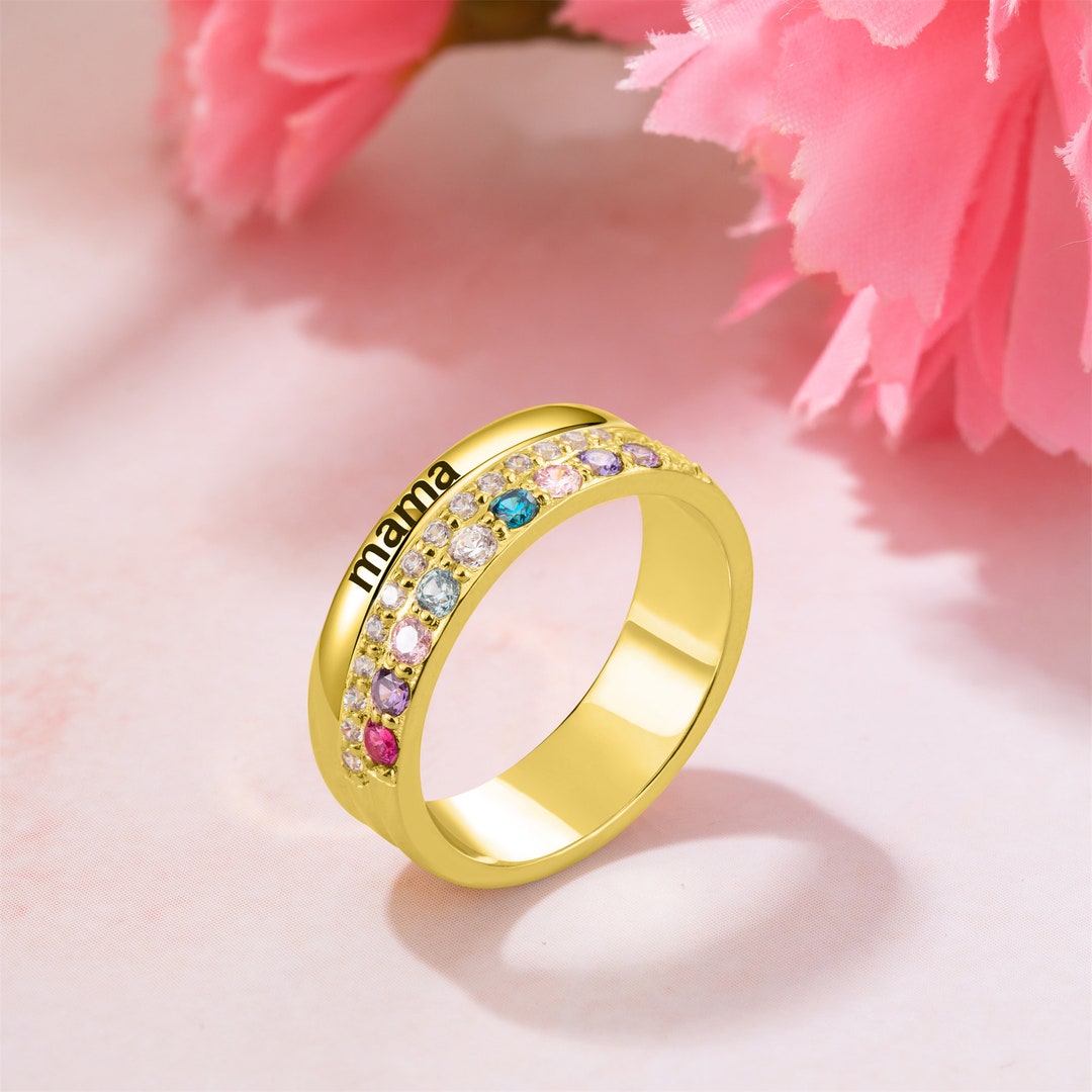 Personalized 1-10 Birthstones Ring, Mama Ring, Sterling Silver 925 ...