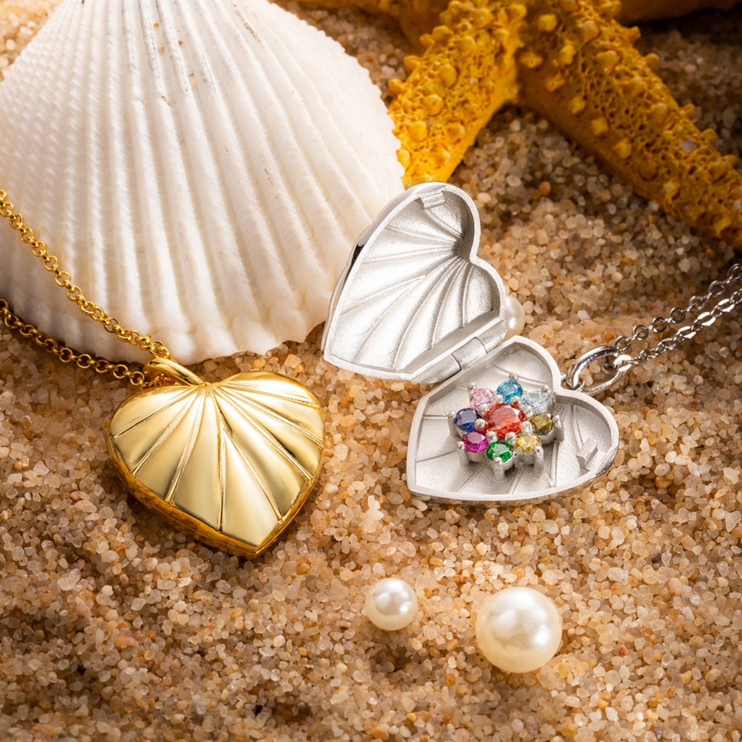 Heart Oyster Birthstones Locket Necklace Custom Birthstone Necklace for ...