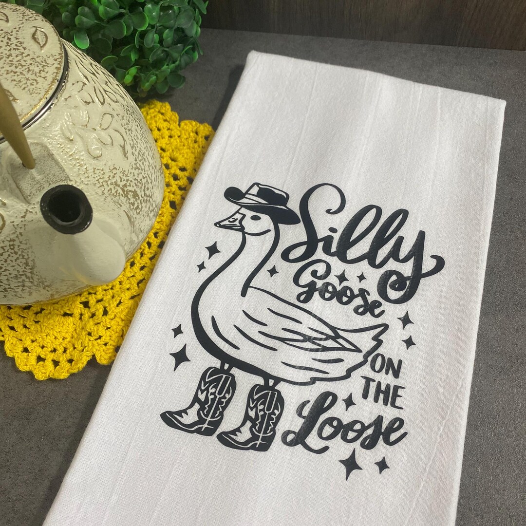 Silly Goose on the Loose Flour Sack Tea Towel, Cute Goose in Cowboy Hat ...
