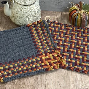 Fall Autumn Potholder/trivet Set of 2 Hand Woven Gray, Burgundy, Spice ...