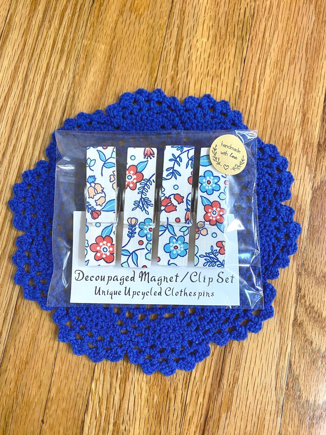 Decoupaged Floral Clothespin Magnet Set: Red, White and Blue Home or ...