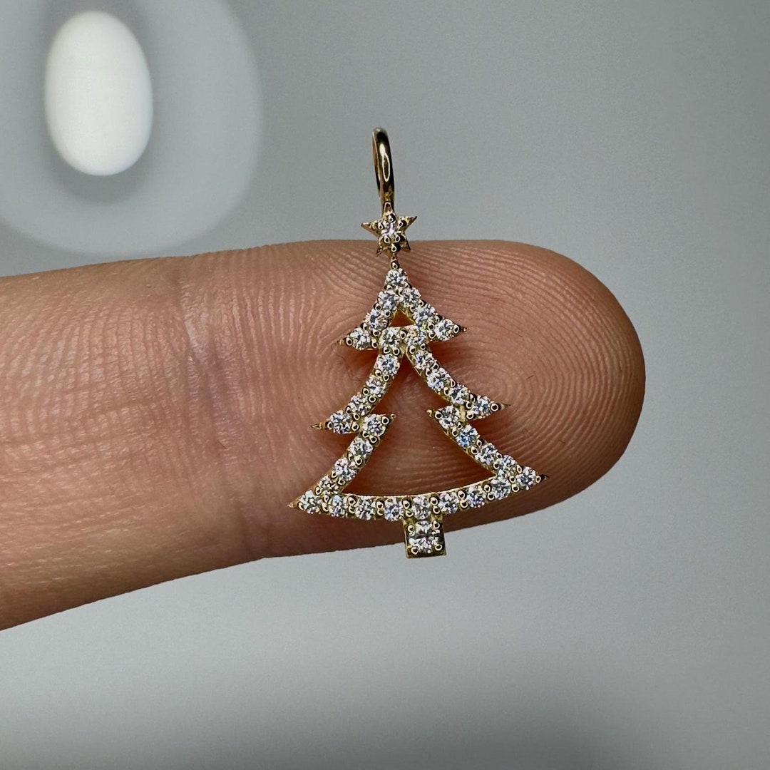 Diamond Tree Charm, 14K-18K Christmas Tree Pendant, Diamond Winter ...