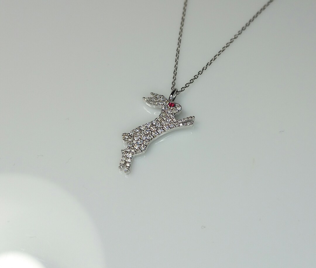 Diamond Rabbit Necklace, Genuine Diamond and Ruby Bunny, 14K-18K Rabbit ...