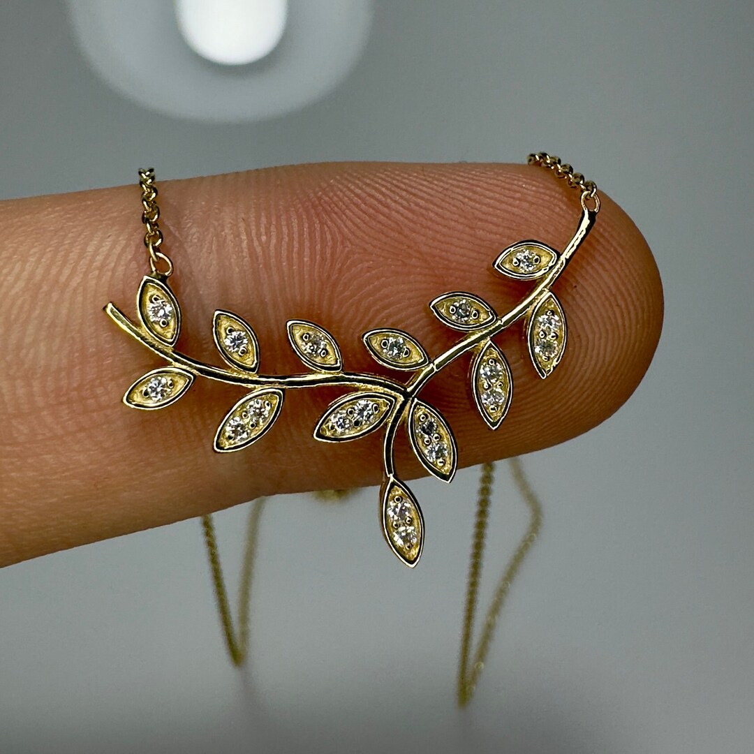 Olive Leaf Diamond Necklace, 14K-18K Olive Branch Diamond Pendant ...