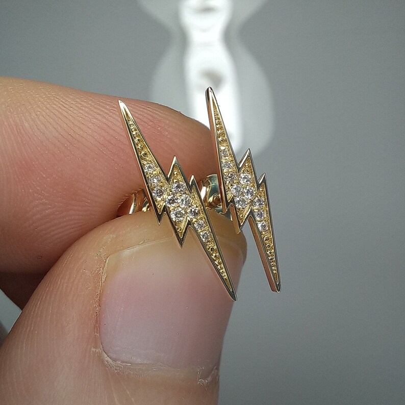 14K Bolt Earrings Lightning Bolt Studs Diamond Lightning - Etsy