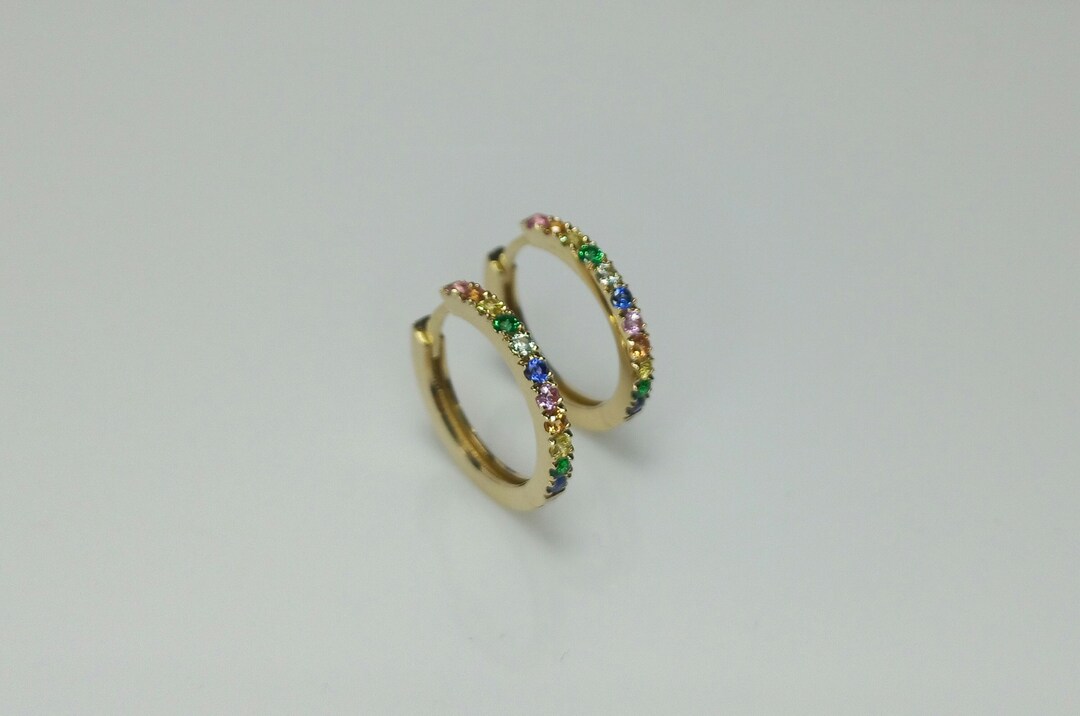 Rainbow Hoops, 14K-18K Multi Color Sapphire Earrings, Multi Gemstone ...