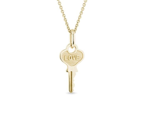 14K Love Key Pendant Solid Gold Love Key Charm Dainty Love | Etsy