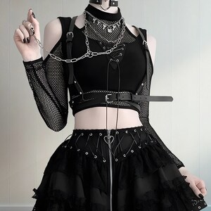 Gothic Harness Crop Top, Punk Fishnet Sleeve, Black Belted Chain ...