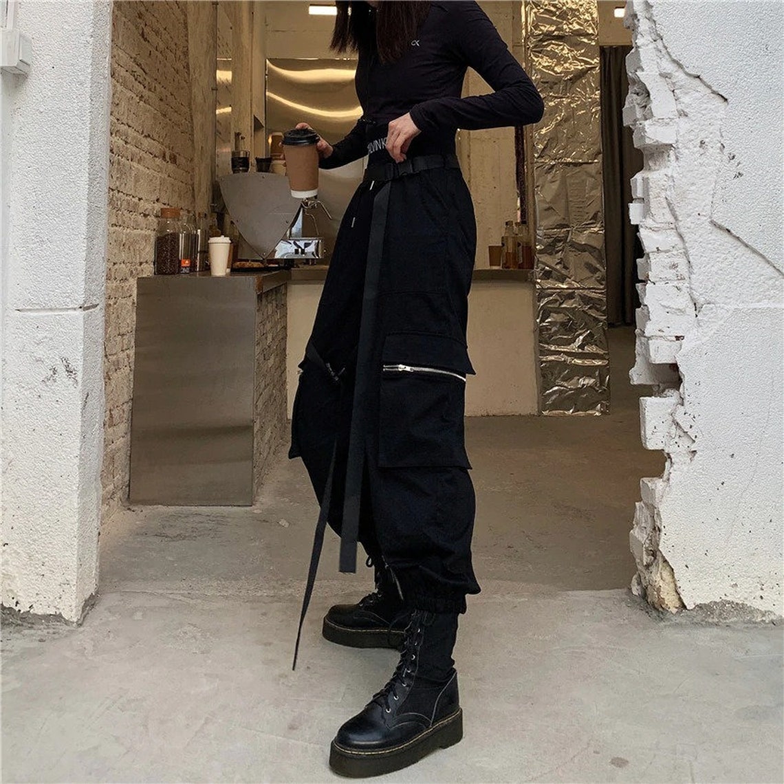Womens Gothic Black High Waist Cargo Pants Women Harajuku Etsy