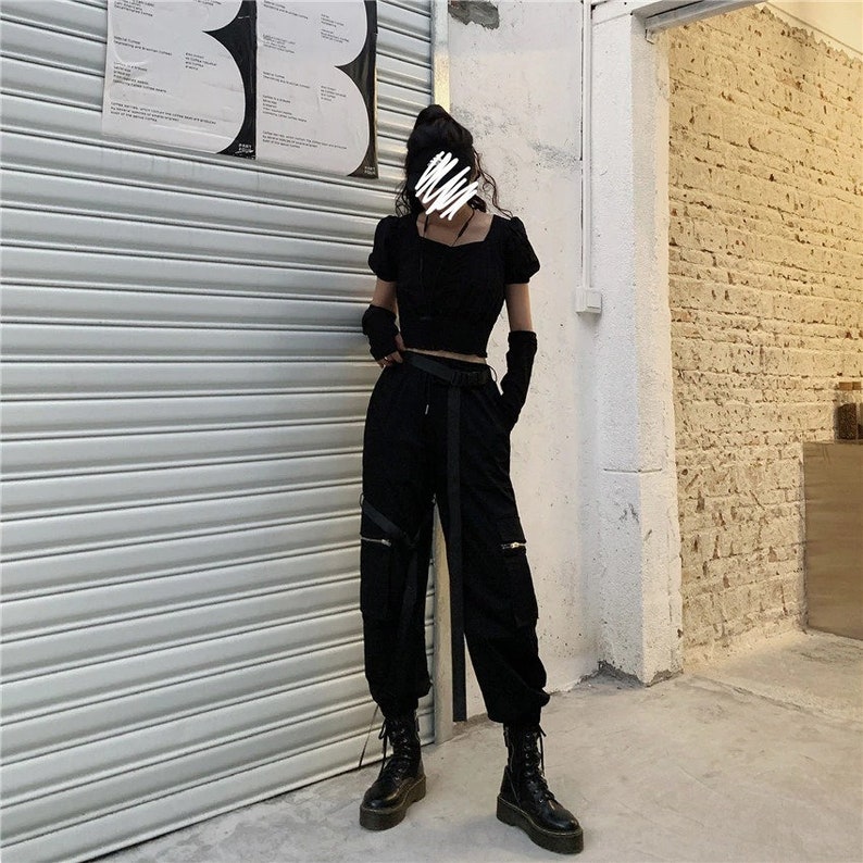 Womens Gothic Black High Waist Cargo Pants Women Harajuku Etsy