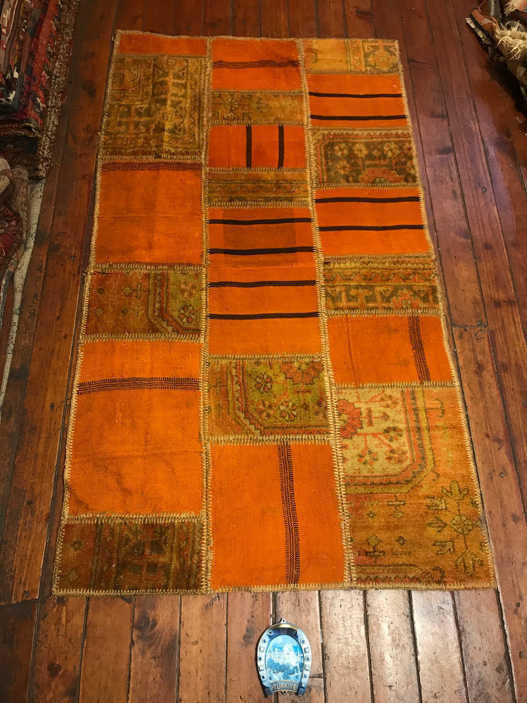 Checkered Rug, Anatolian Patchwork,orange Rug, Turkish Rug, Old Rug ...