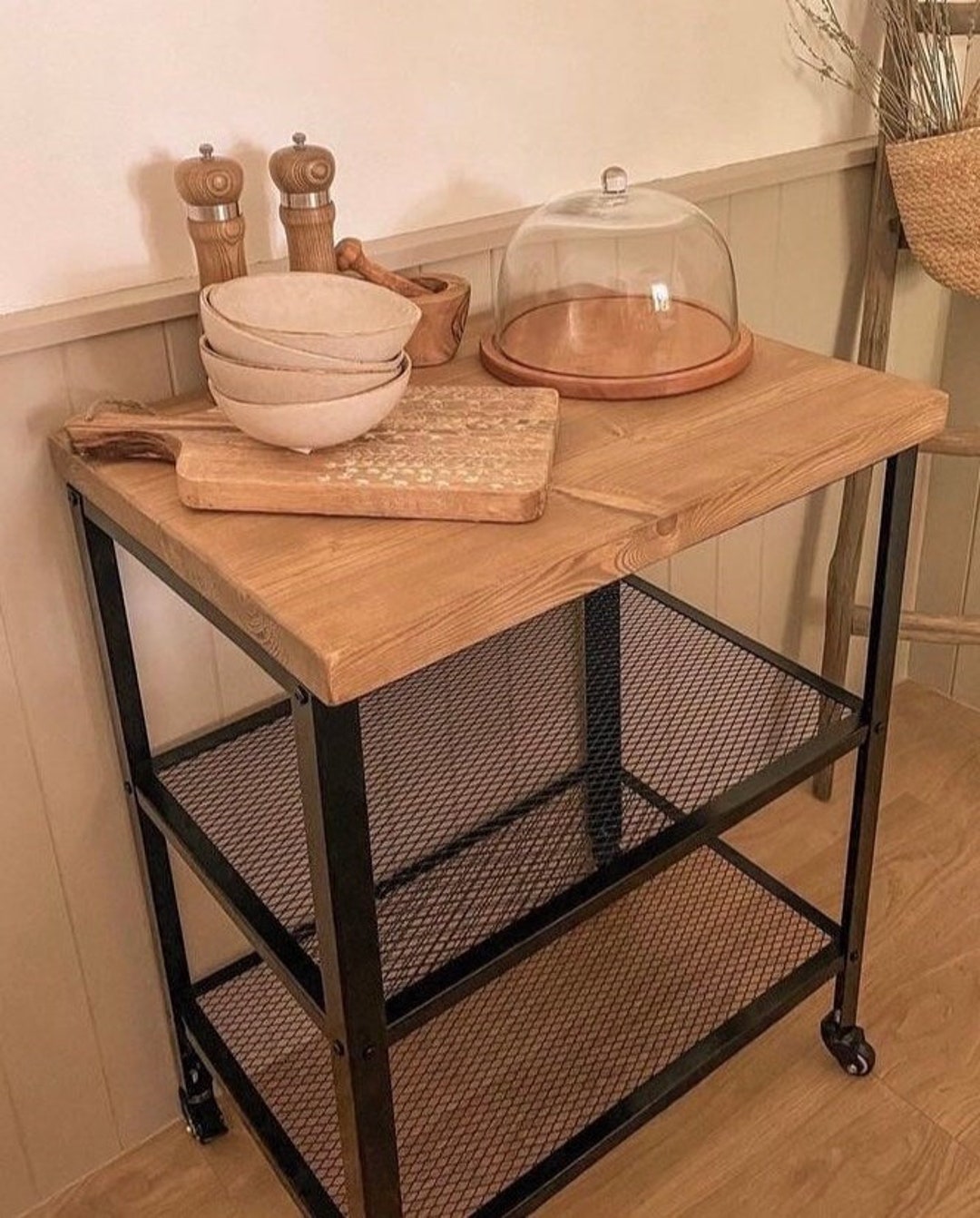 Oak Top 3 Tier Rustic Trolley Cart Kitchen Dining Industrial Serving ...
