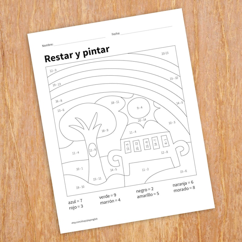 Spanish Math Coloring Sheet, Subtract and Colour, Kids 5-8 - Etsy