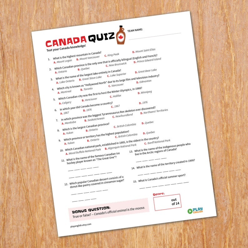 Canada Quiz, Canadian Trivia Printable - Etsy