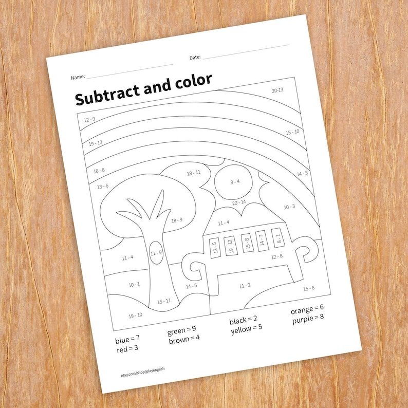Math Coloring Sheet, Subtract and Colour, Kids 5-8 - Etsy