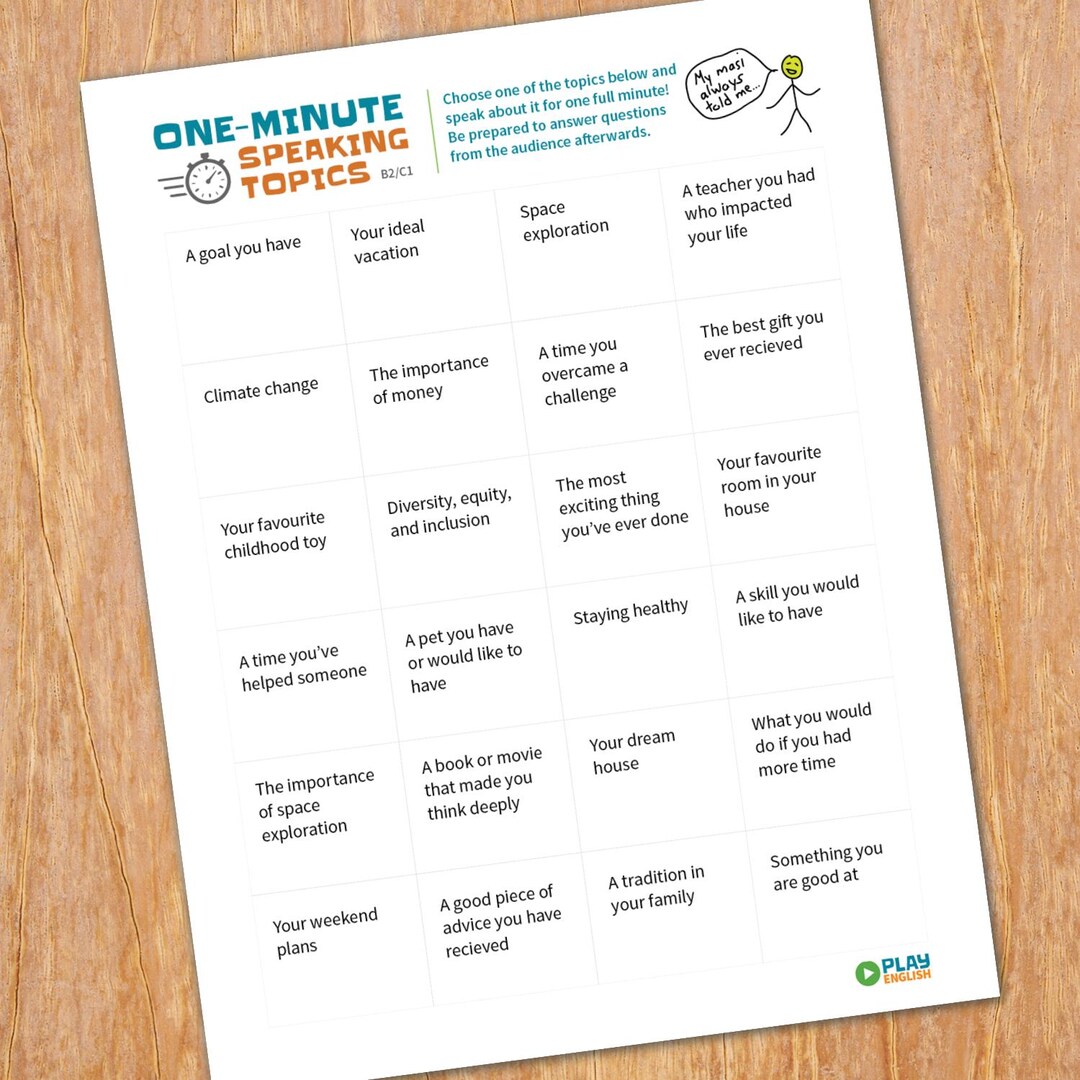 One-minute Speaking Topics, Printable ESL Activity, B2-C1 - Etsy