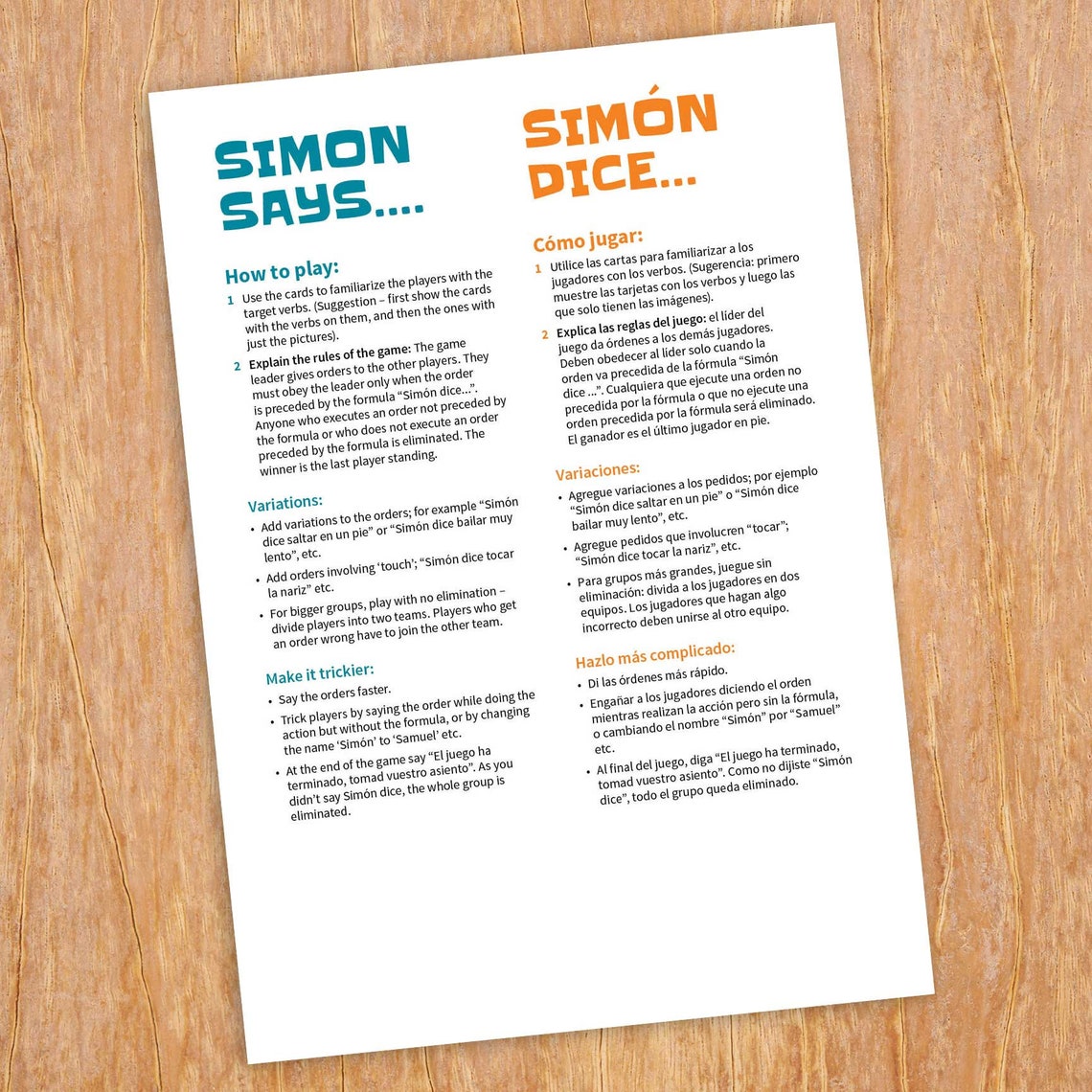 Simon Says Flashcards – Basic Spanish Verbs With Fun, Original ...