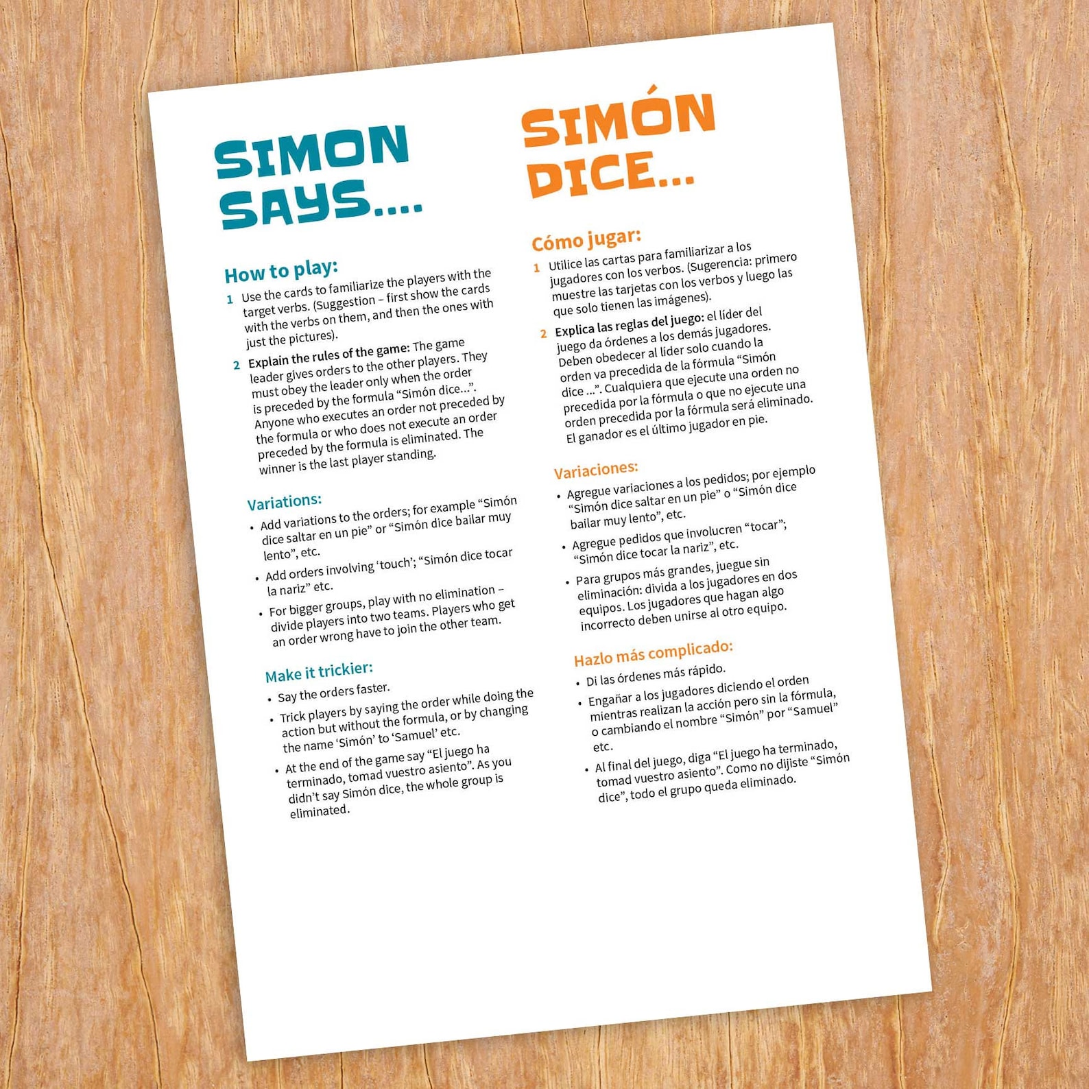 Simon Says Flashcards – Basic Spanish Verbs With Fun, Original ...