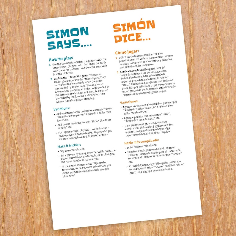 Simon Says Flashcards – Basic Spanish Verbs With Fun, Original ...