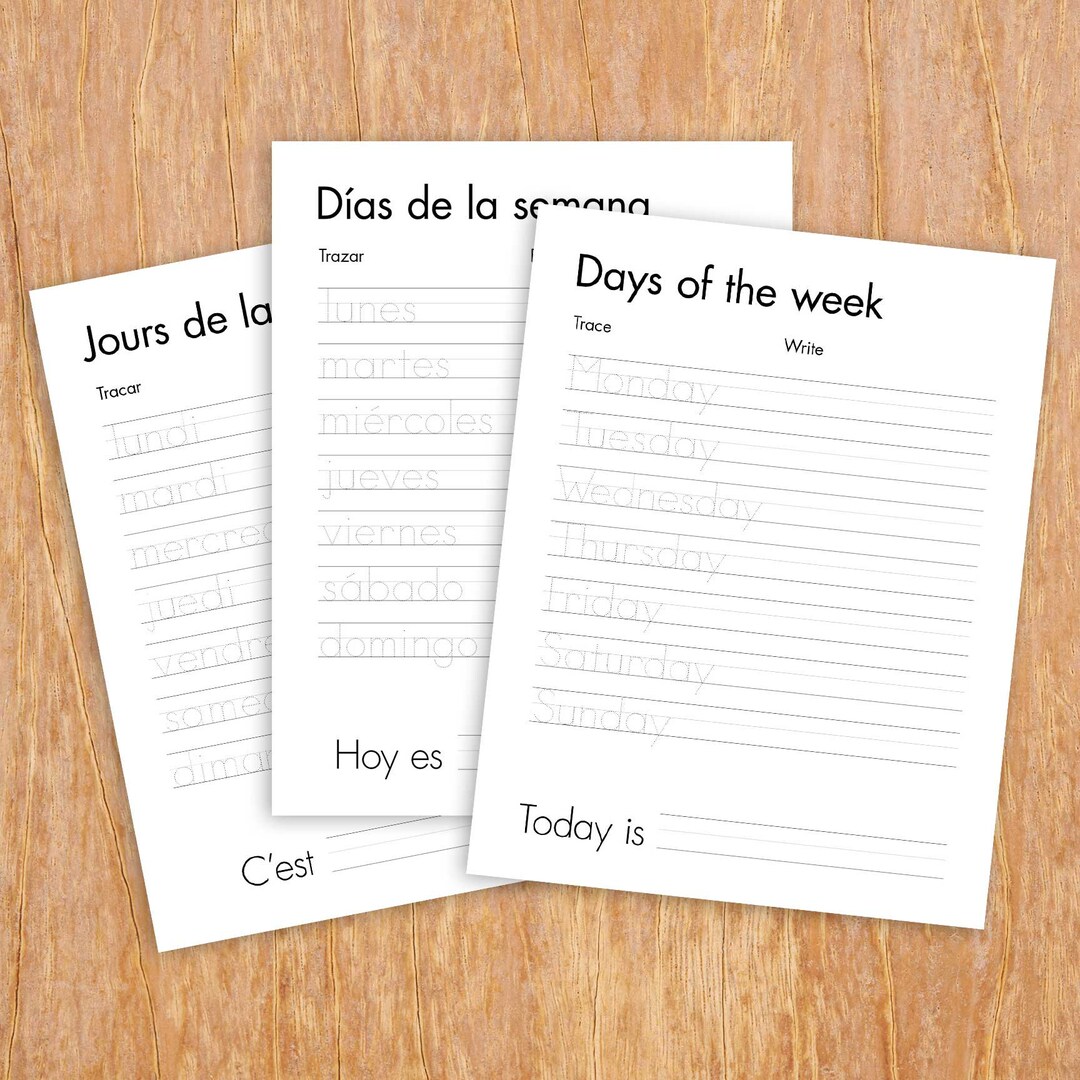 Days of the Week Tracing Sheets, English, Spanish and French - Etsy