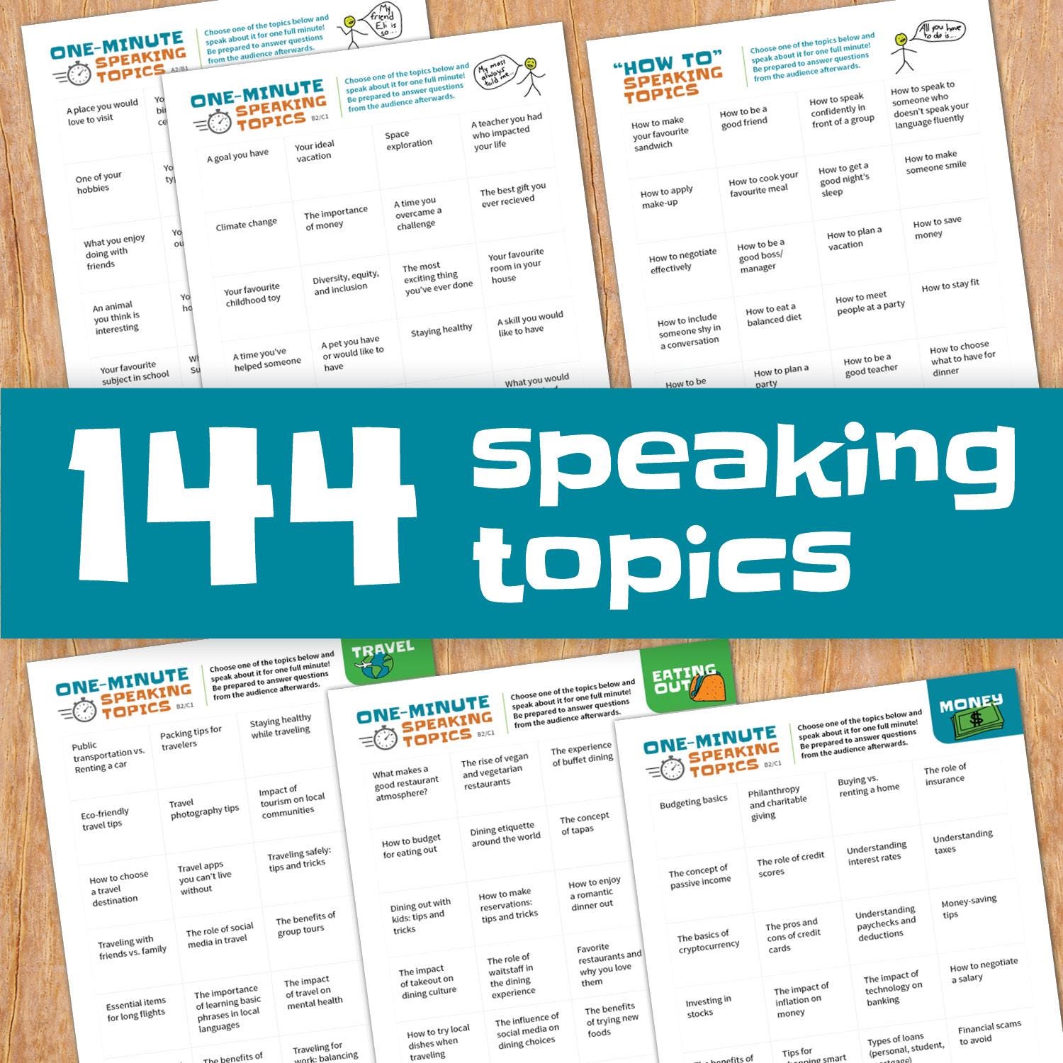 One-minute English Speaking Printables, 144 Topics for ESL-ELL - Etsy