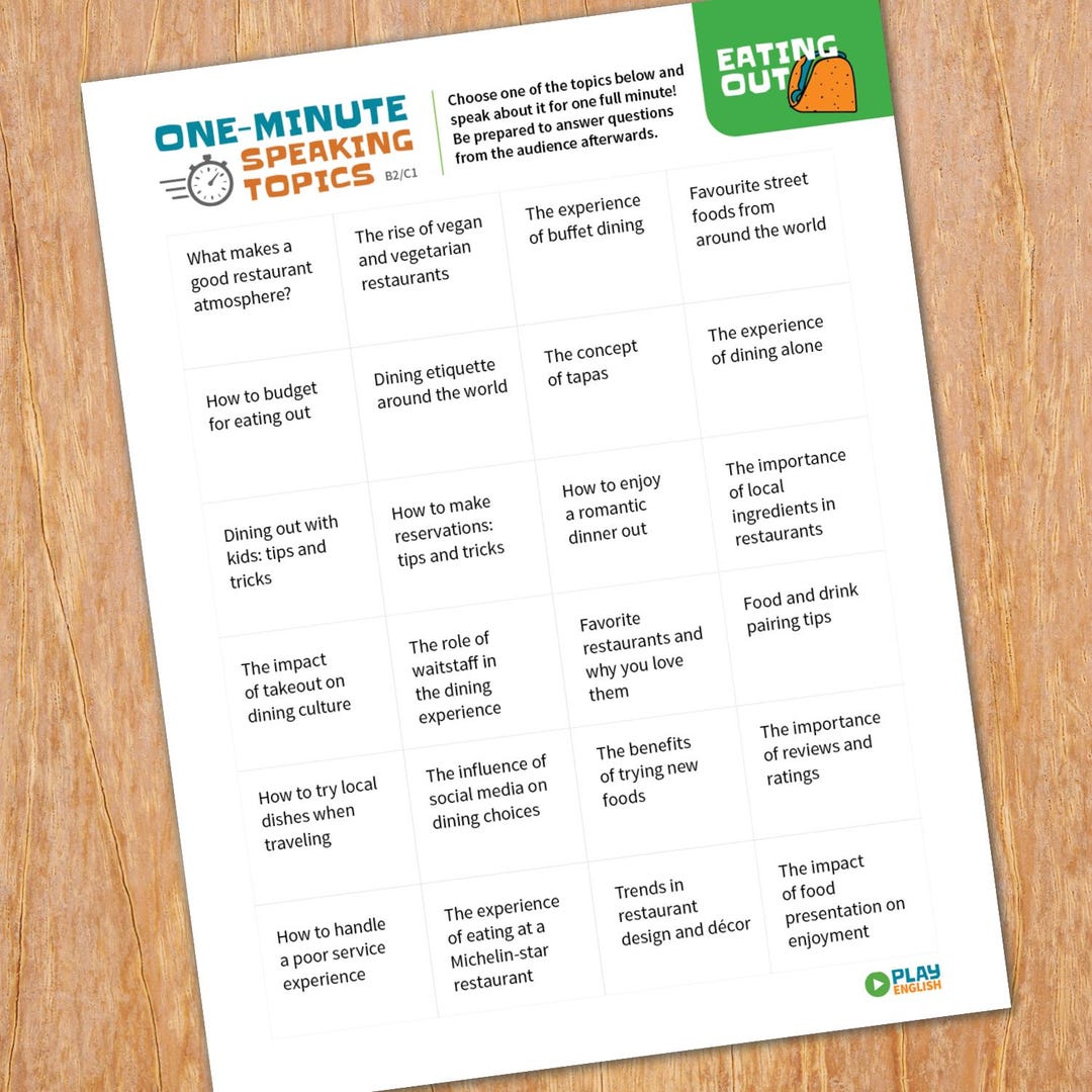 24 English Speaking Topics, One-minute Improv Activity - Etsy