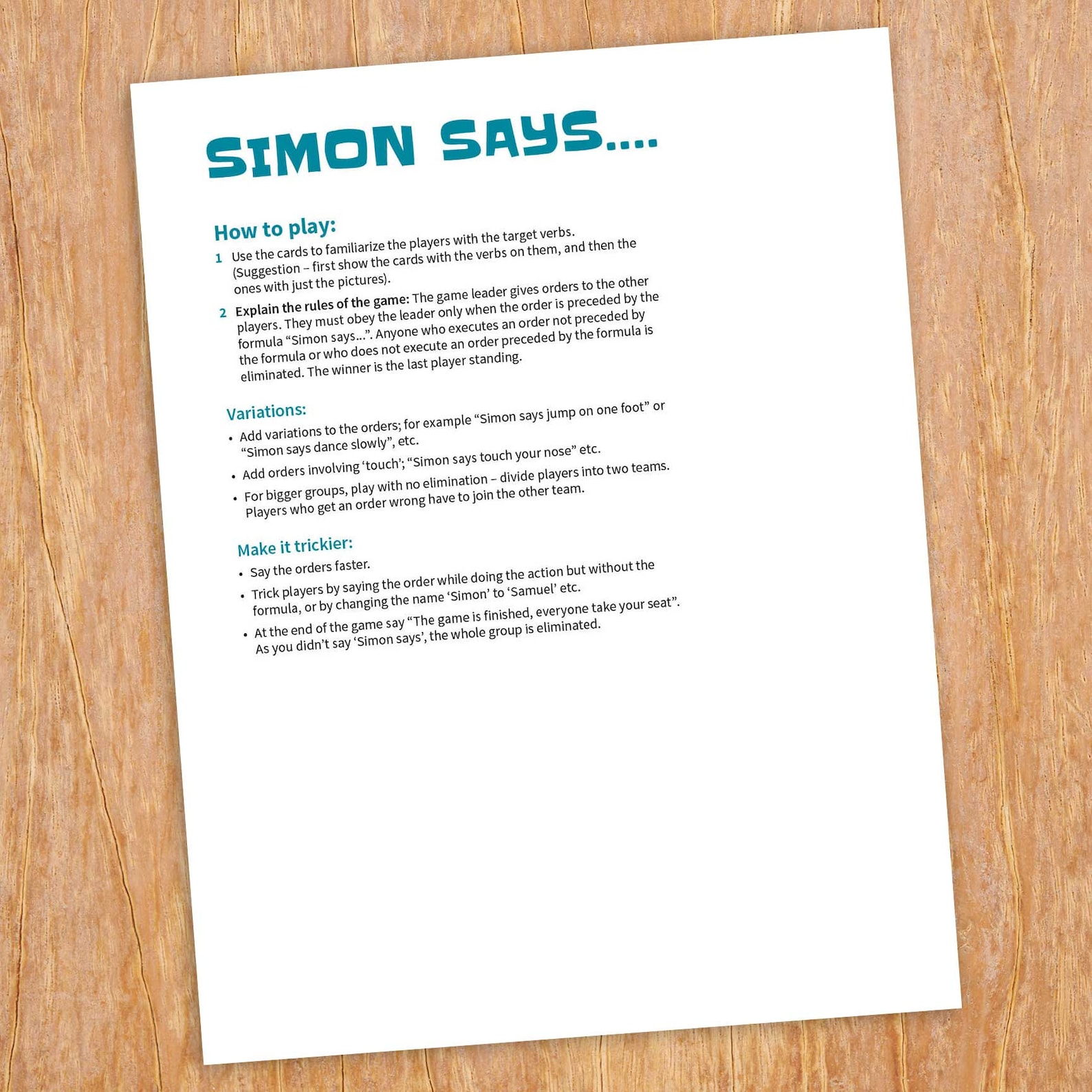 Simon Says ESL Flashcards – Basic English Verbs With Fun, Original ...