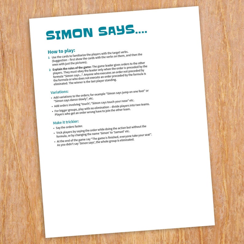 Simon Says game, printable English verb flashcards - Etsy 日本
