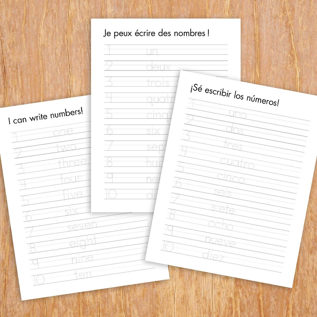 Numbers 1-10 Tracing Sheets, English, Spanish and French - Etsy