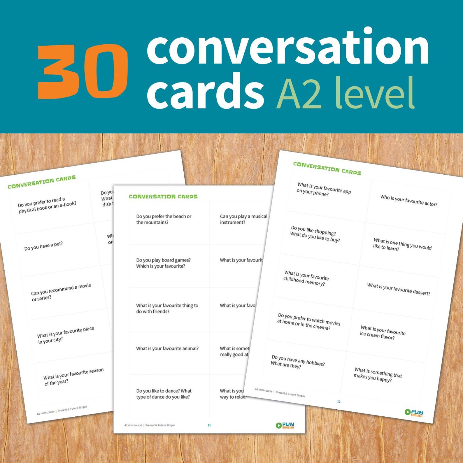 A2 English Printable Conversation Cards, Set of 30 - Etsy