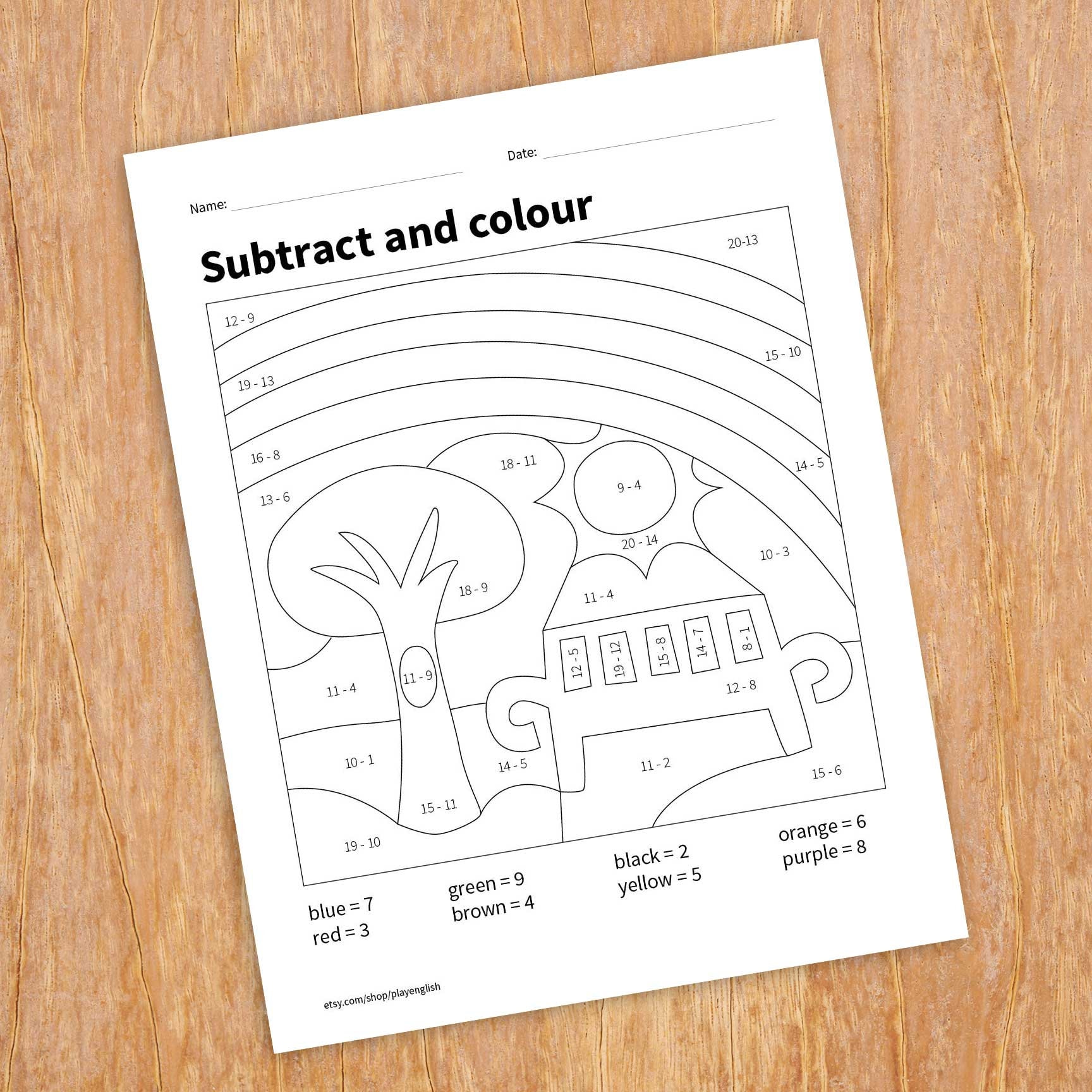Math Coloring Sheet, Subtract and Colour, Kids 5-8 - Etsy