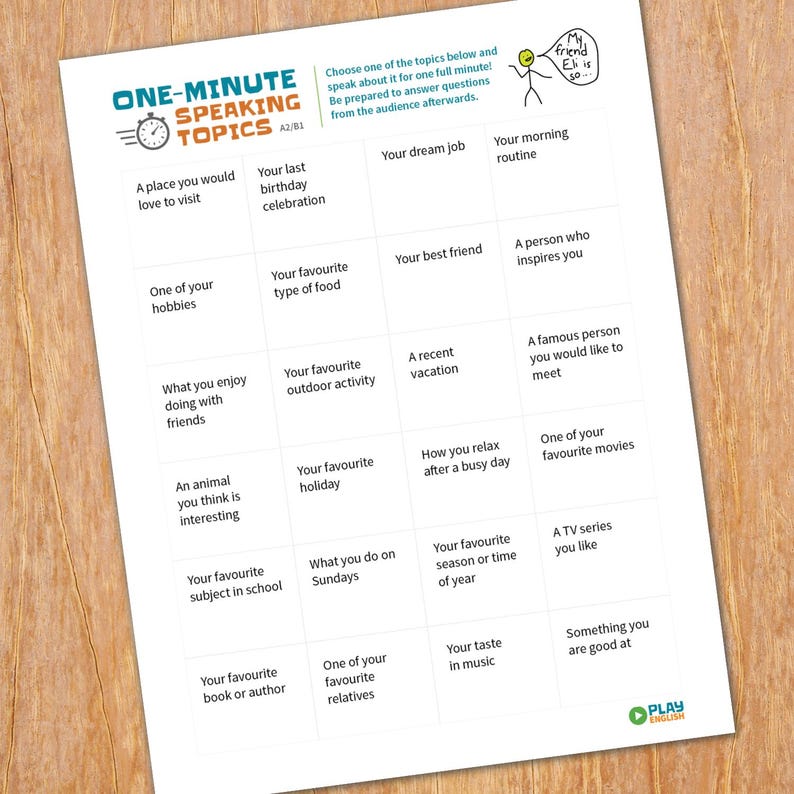 One-minute Speaking Topics, Printable ESL Activity - Etsy