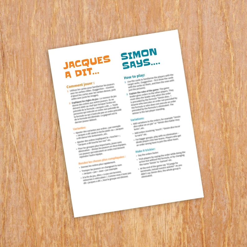 Simon Says French Game, Printable Card Game, French Verbs - Etsy