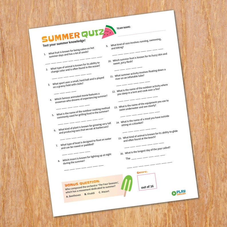 Summer Quiz for Kids, Printable Vocab Activity - Etsy