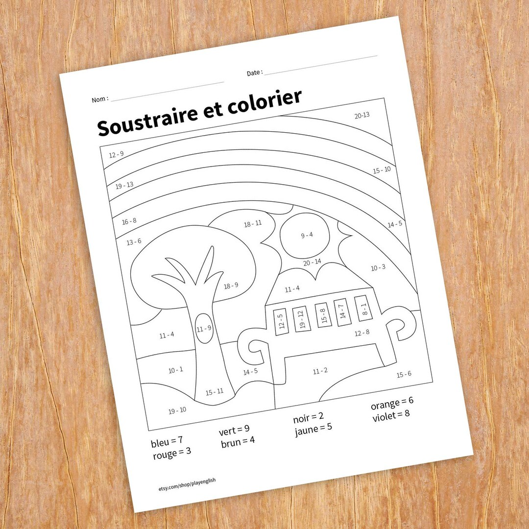 French Math Coloring Sheet, Subtract and Colour, Kids 5-8 - Etsy