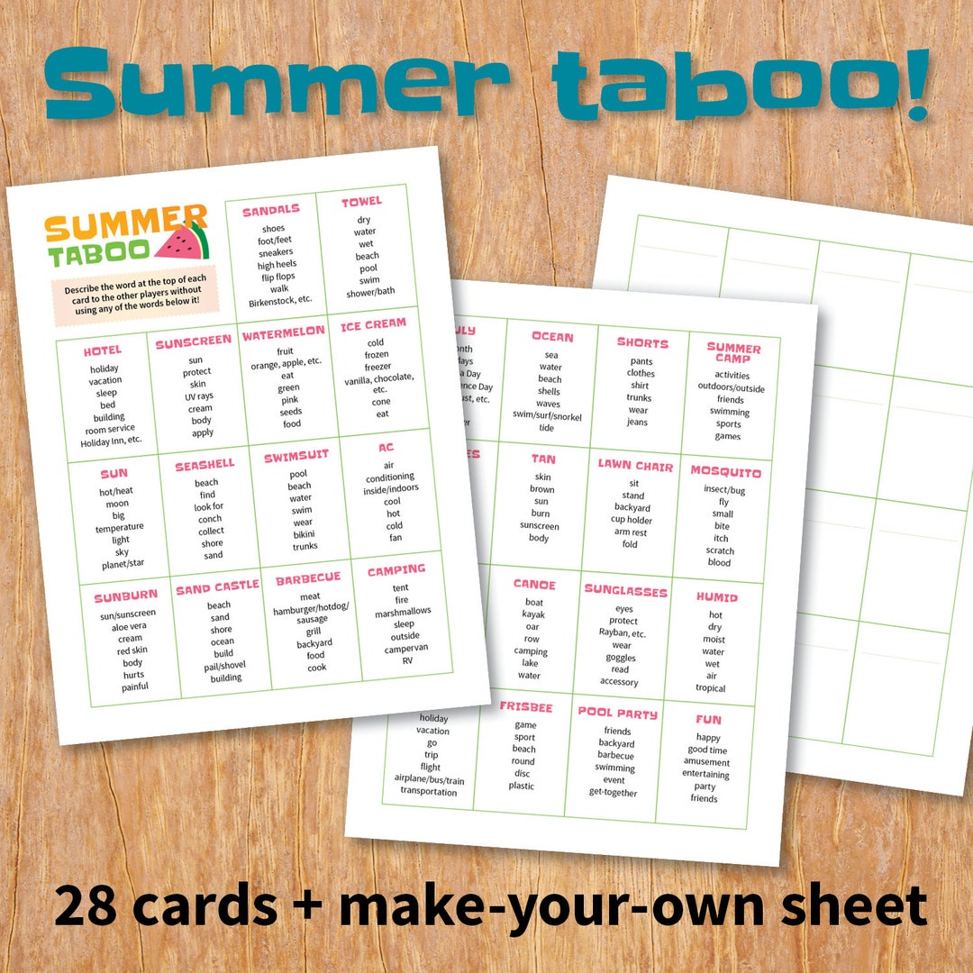 Summer Taboo, Printable Card Game - Etsy